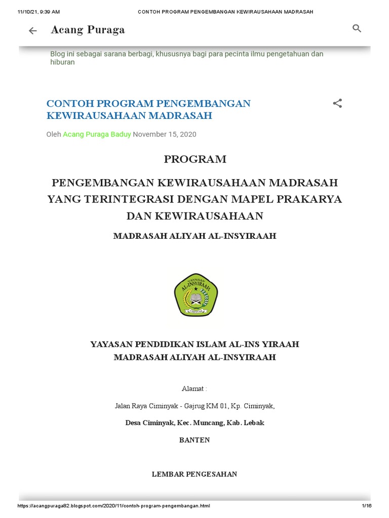 Contoh Program Pengembangan Kewirausahaan Madrasah | PDF