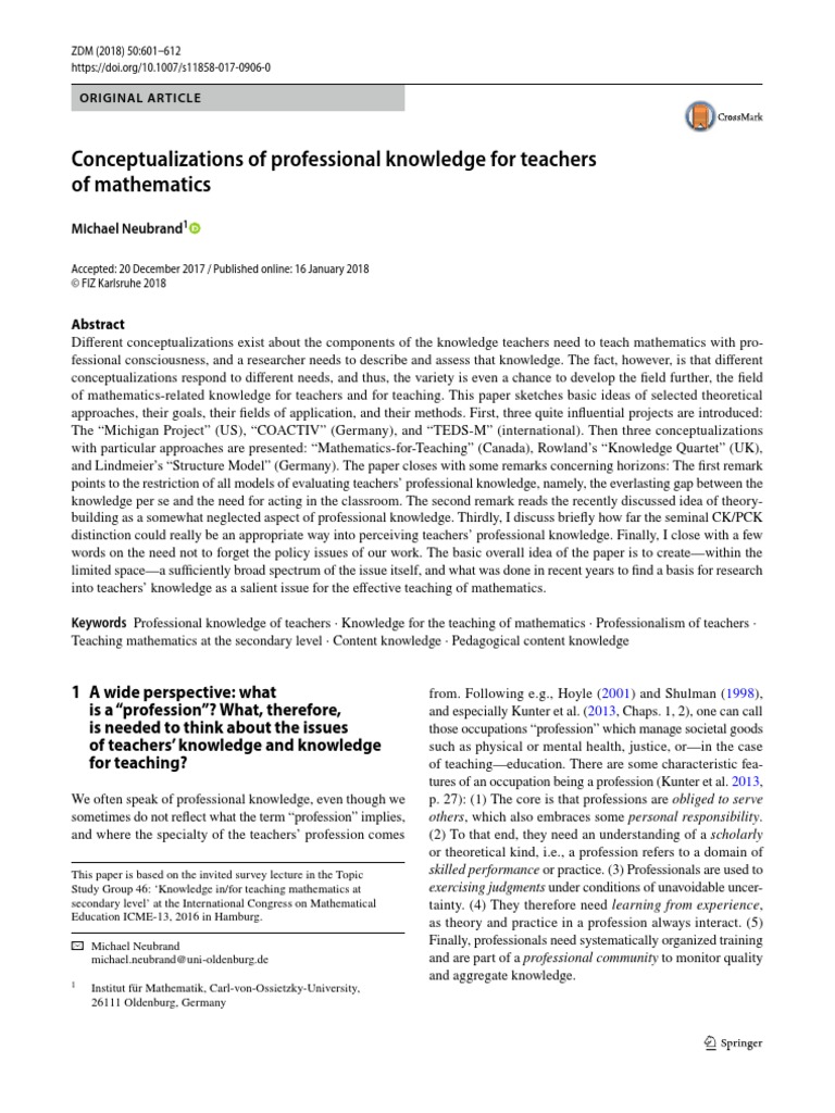 Conceptualizations of Professional Knowledge For Teachers of Mathematics | PDF | Teachers ...
