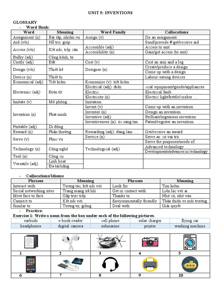 Unit 5: Inventions Glossary - Word Bank: Word Meaning Word Family ...