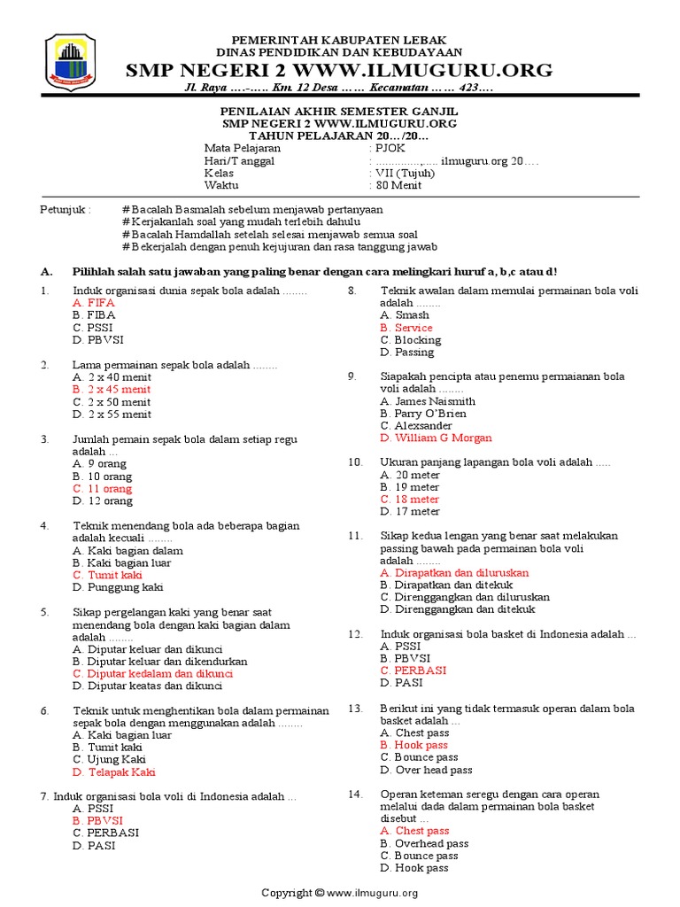 Ilmuguru - Org - Soal PAS PJOK Kelas 7 Semester 1 Tahun 2020 | PDF
