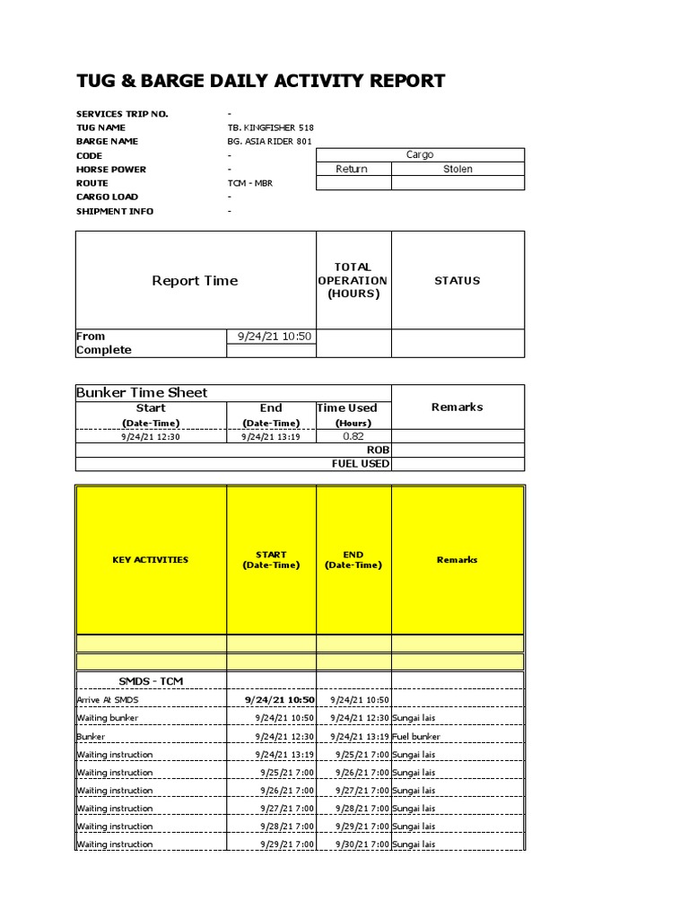 Tug & Barge - Daily Activity Report - Tug Agent | PDF | Ships | Freight ...