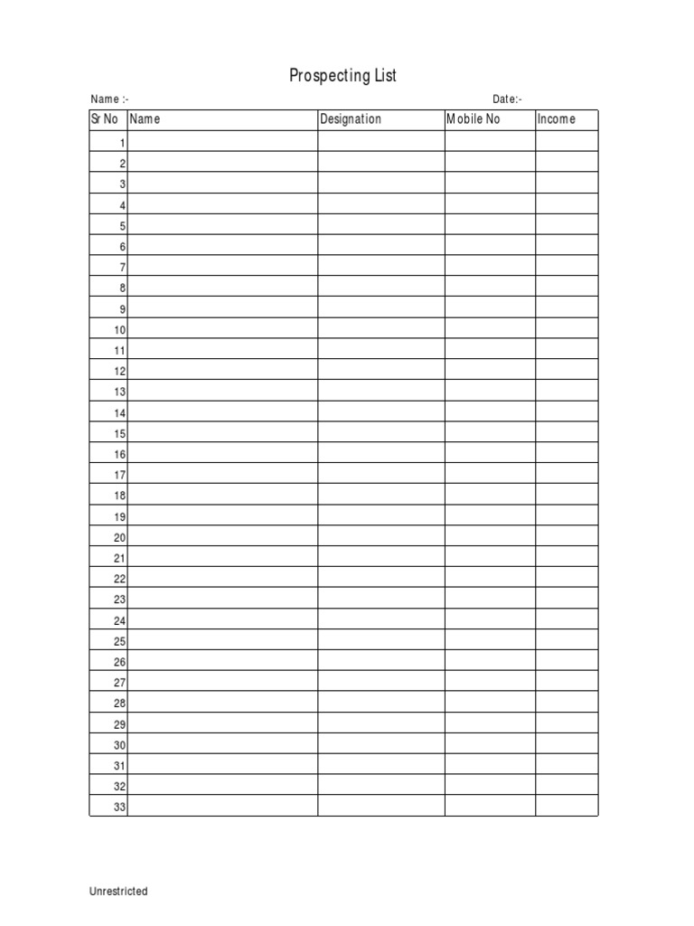 Prospecting List: SR No Name Designation Mobile No Income | PDF