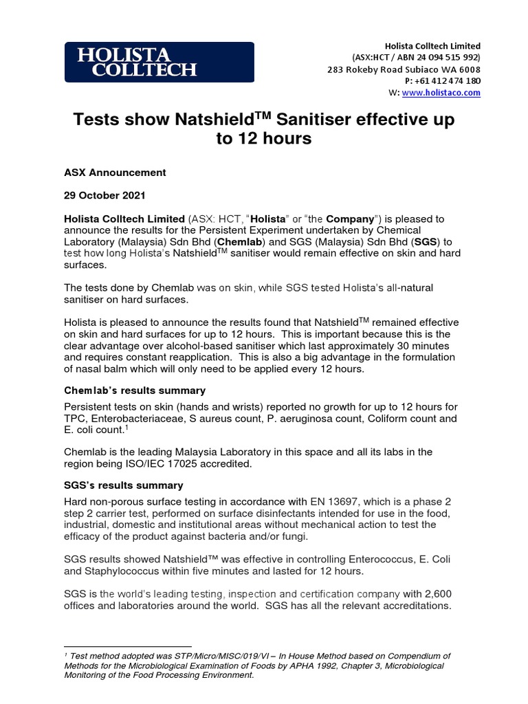 Tests Show Natshield™ Sanitiser Effective Up To 12 Hours | PDF ...
