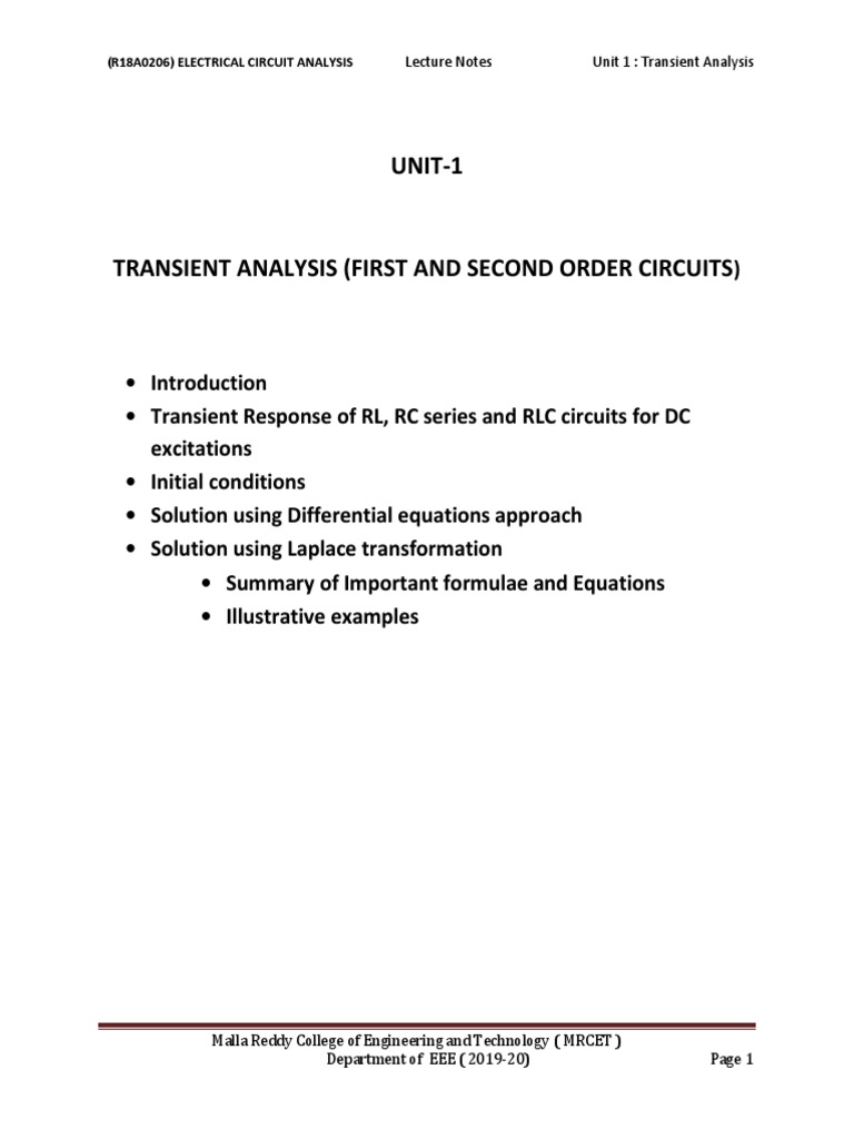 UNIT-1: Lecture Notes Unit 1: Transient Analysis | PDF | Electrical ...