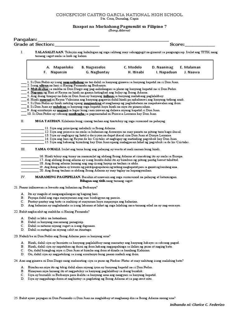4th Grading Exam Ibong Adarna | PDF