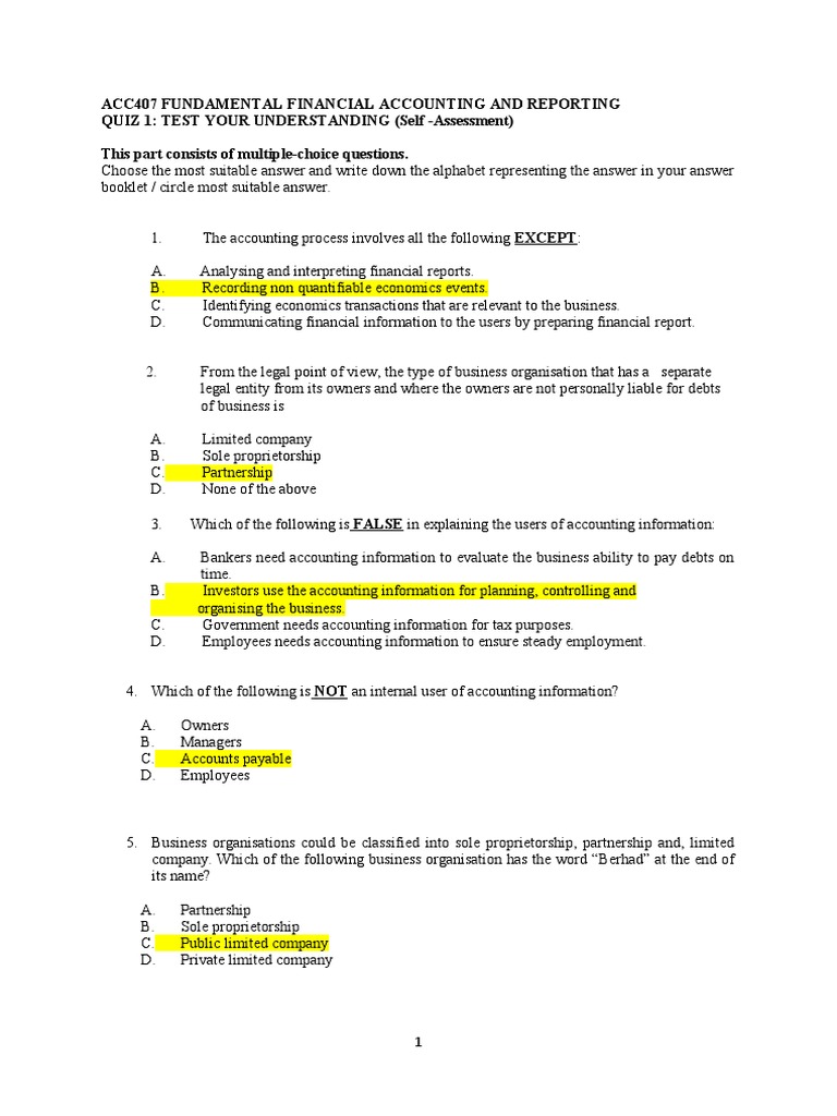 Acc407 Quiz 1 Introduction To Accounting (Question) | PDF | Accounting ...