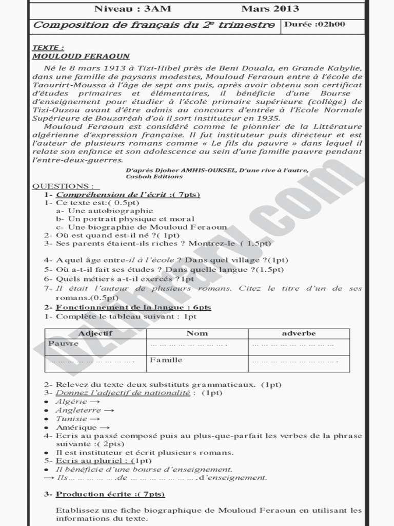 Dzexams 3am Francais t2 20131 468538 | PDF