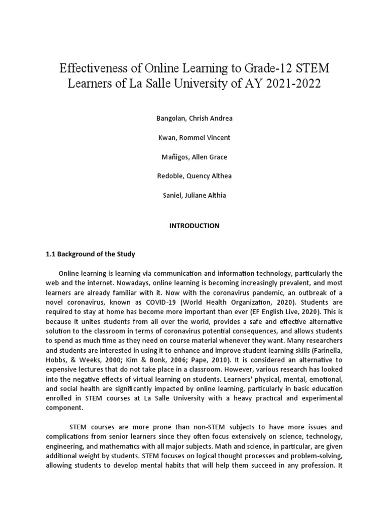 Effectiveness of Online Learning To Grade-12 STEM Learners of La Salle ...