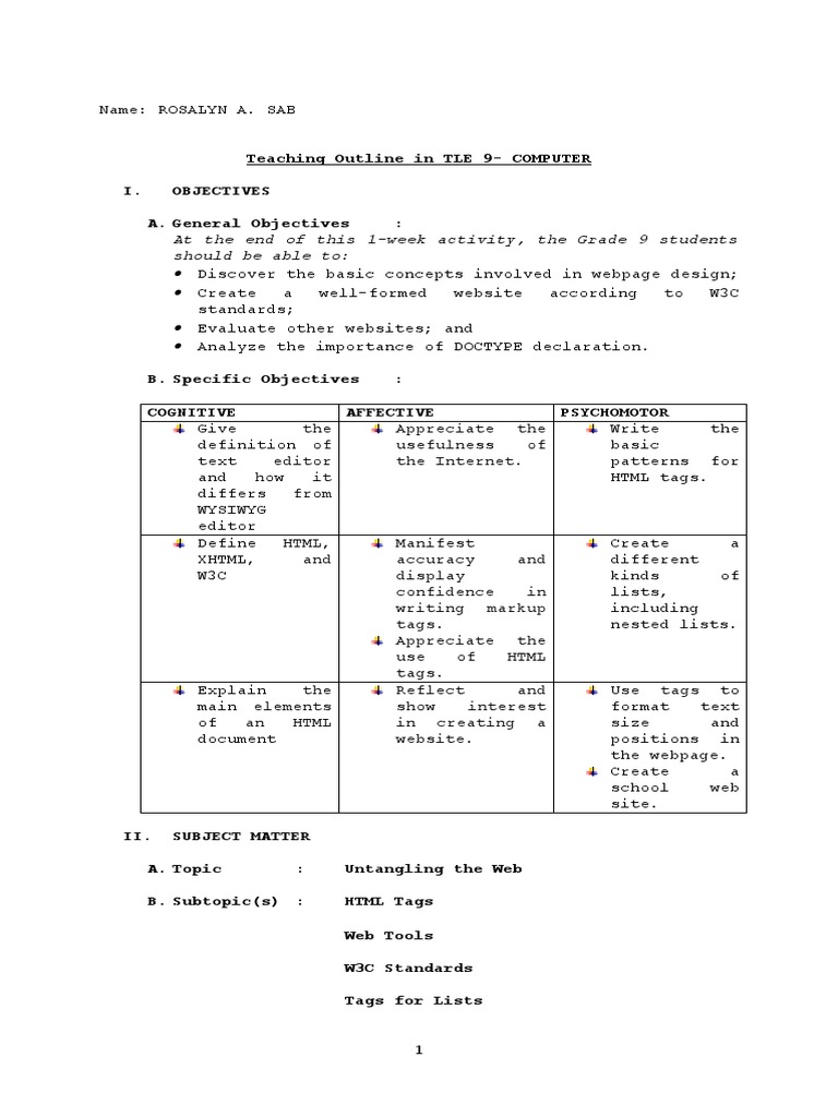 Teaching Outline in TLE 9-COMPUTER I. Objectives A. General Objectives ...