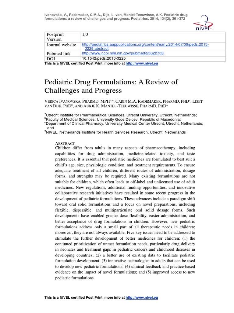 Pediatric Drug Formulations: A Review of Challenges and Progress | PDF ...