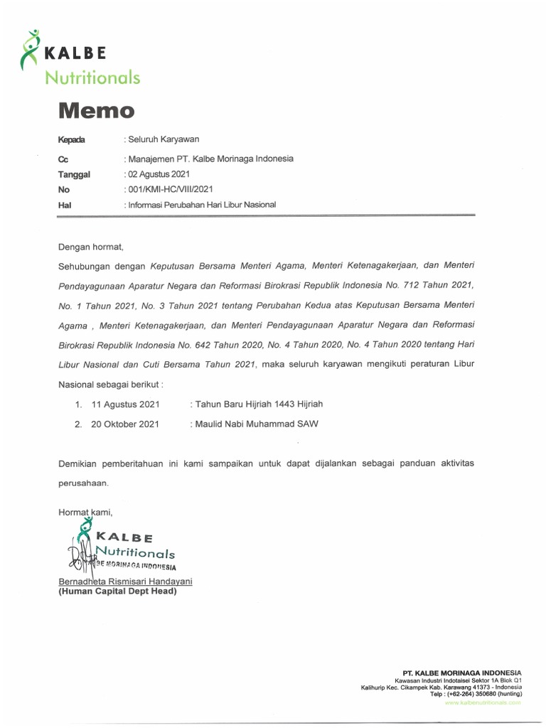 Memo Perubahan Hari Libur Nasional | PDF