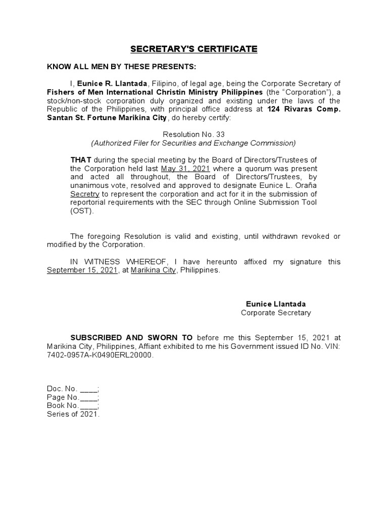 Secretary'S Certificate: (Authorized Filer For Securities and Exchange ...