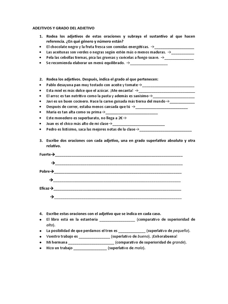 Adjetivos y Grados: Ejercicios Prácticos | PDF