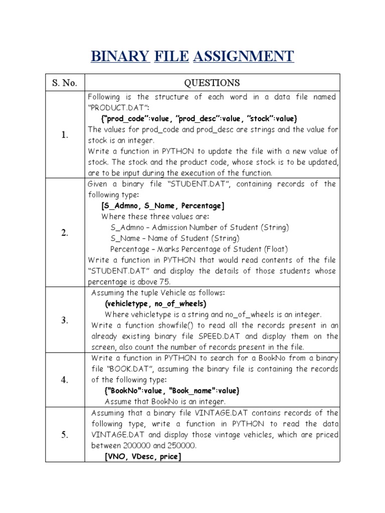 Vaibhav Sharma 12-A Roll No. 34assignment - 3 Binary File | Download ...