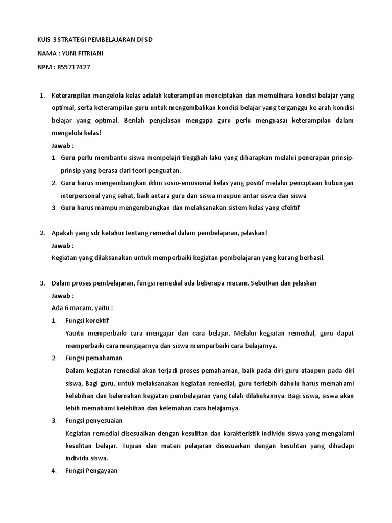 Kuis 3 Strategi Pembelajaran Di SD | PDF