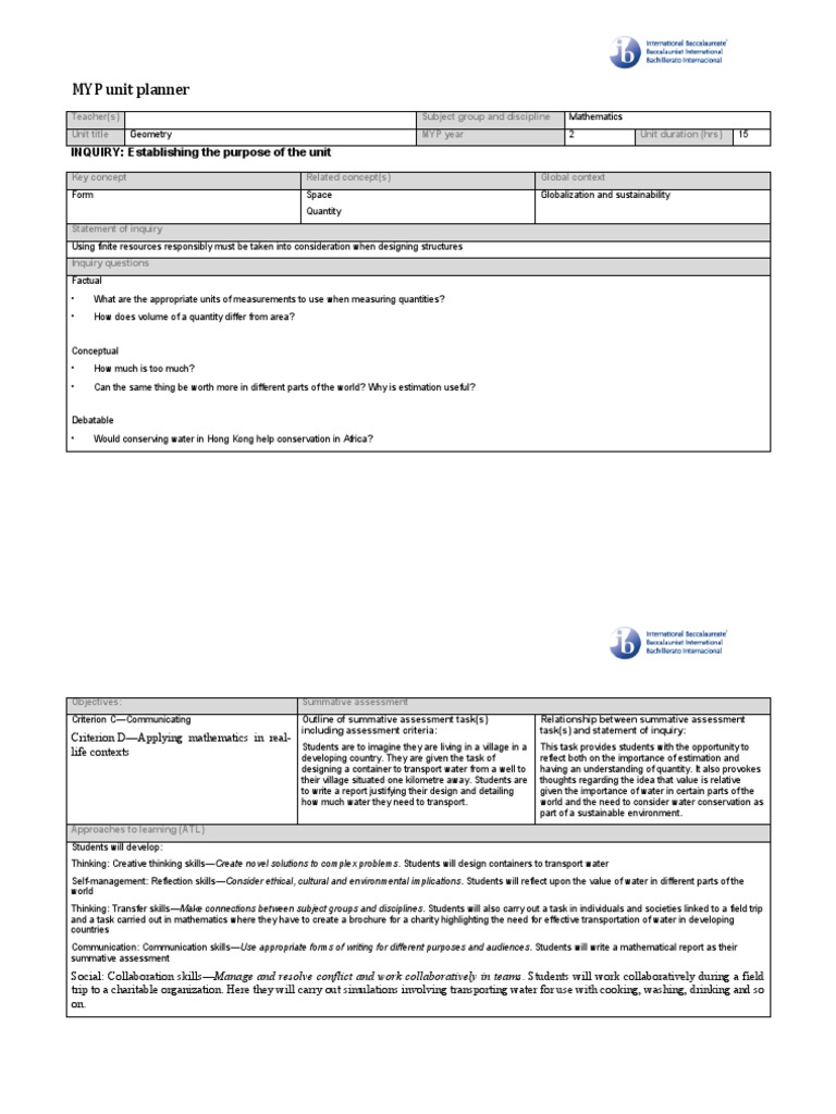 MYP Unit Planner: INQUIRY: Establishing The Purpose of The Unit | PDF ...