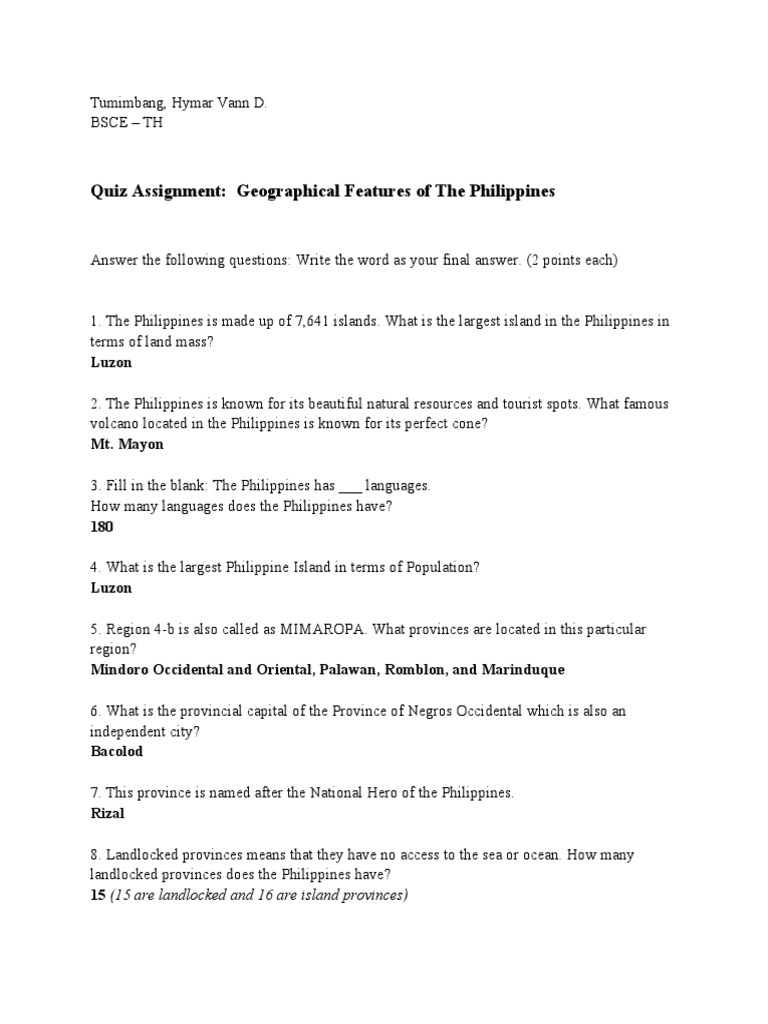 Philippine Geography Quiz Assignment | PDF | Travel | Science & Mathematics