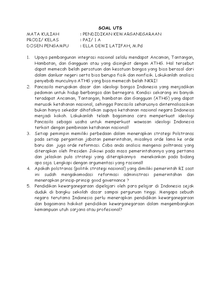 Soal UTS Pendidikan Kewarganegaraan | PDF | Karier & Perkembangan