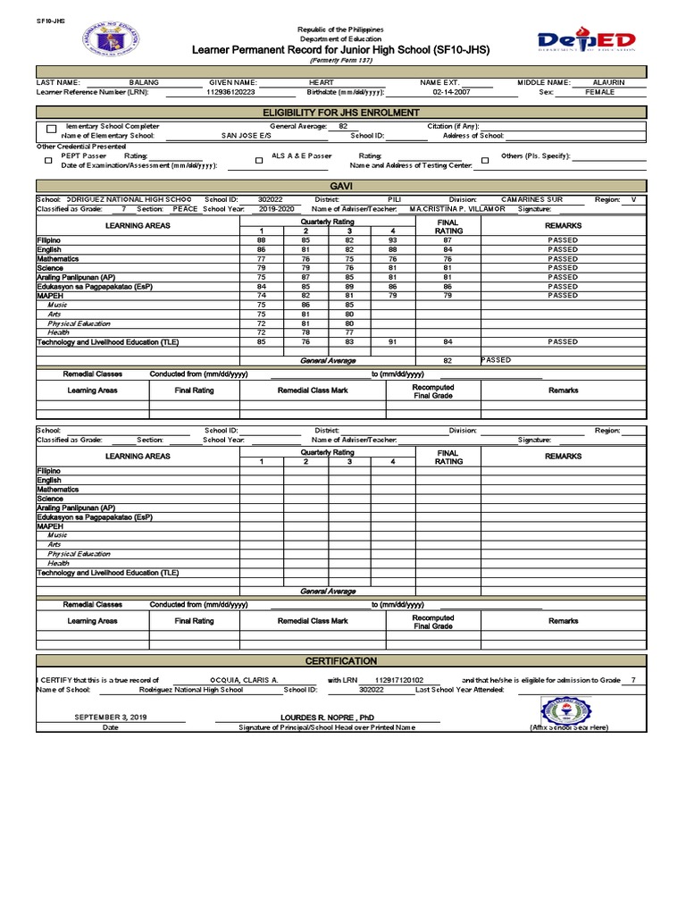 Learner Permanent Record For Junior High School (SF10-JHS) | PDF