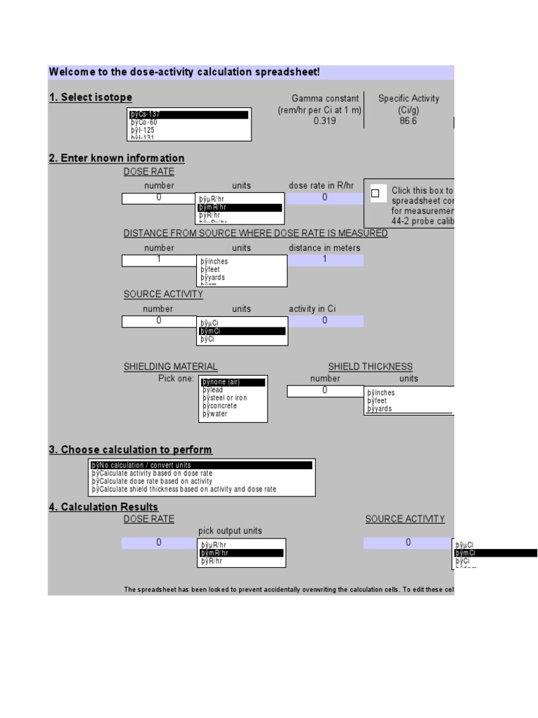 Welcome To The Dose-Activity Calculation Spreadsheet! 1. Select Isotope ...