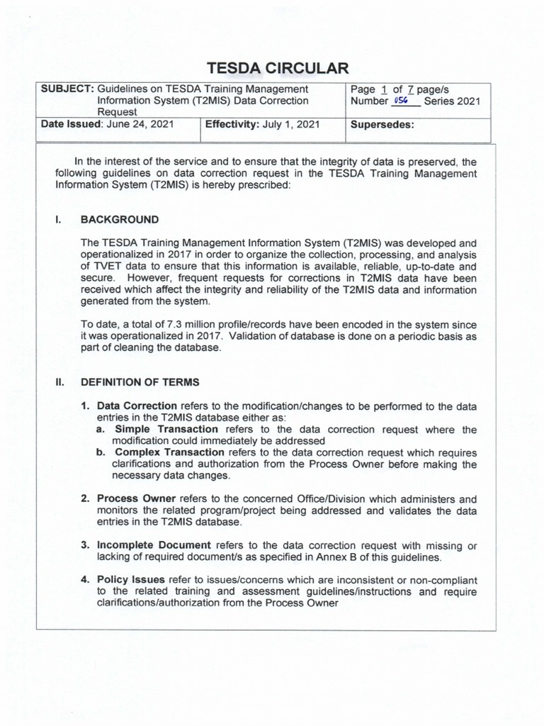 Guidelines On T2MIS Data Correction Request 1 | PDF | Database ...