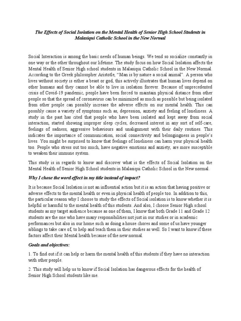 The Effects of Social Isolation On The Mental Health of Senior High ...