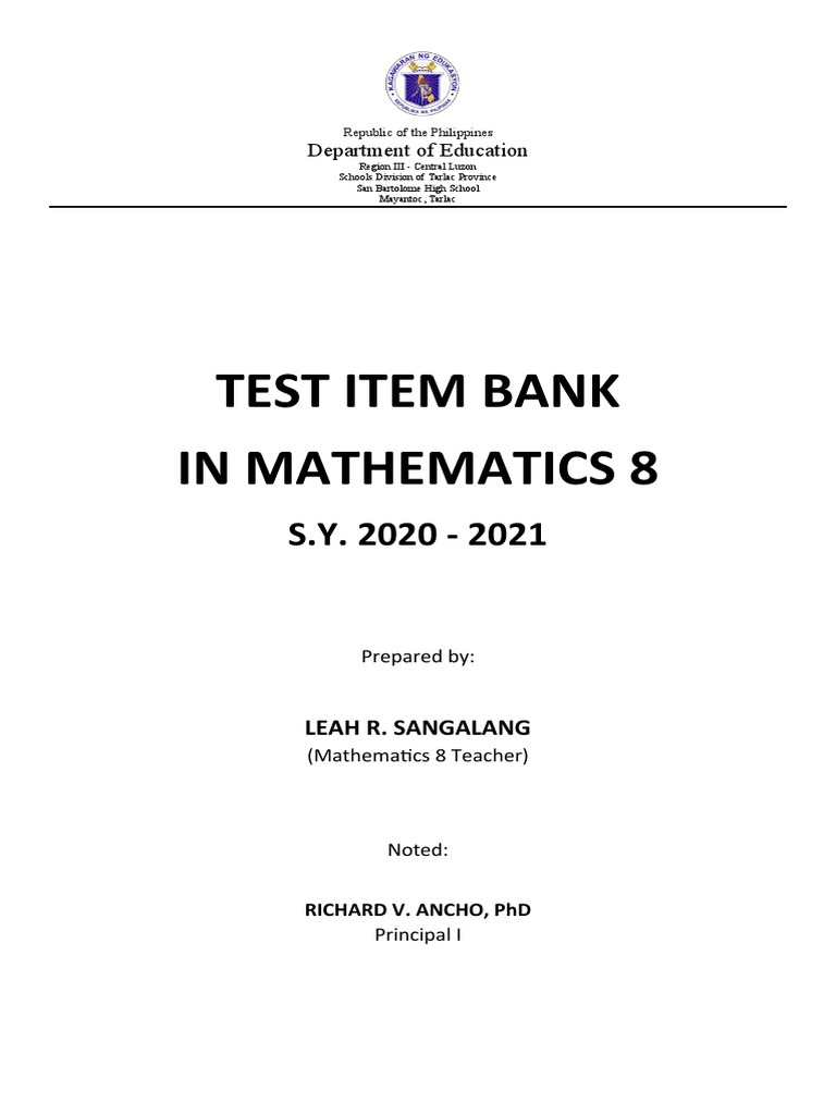 Test Item Bank Math 8 | PDF | Cartesian Coordinate System | Slope