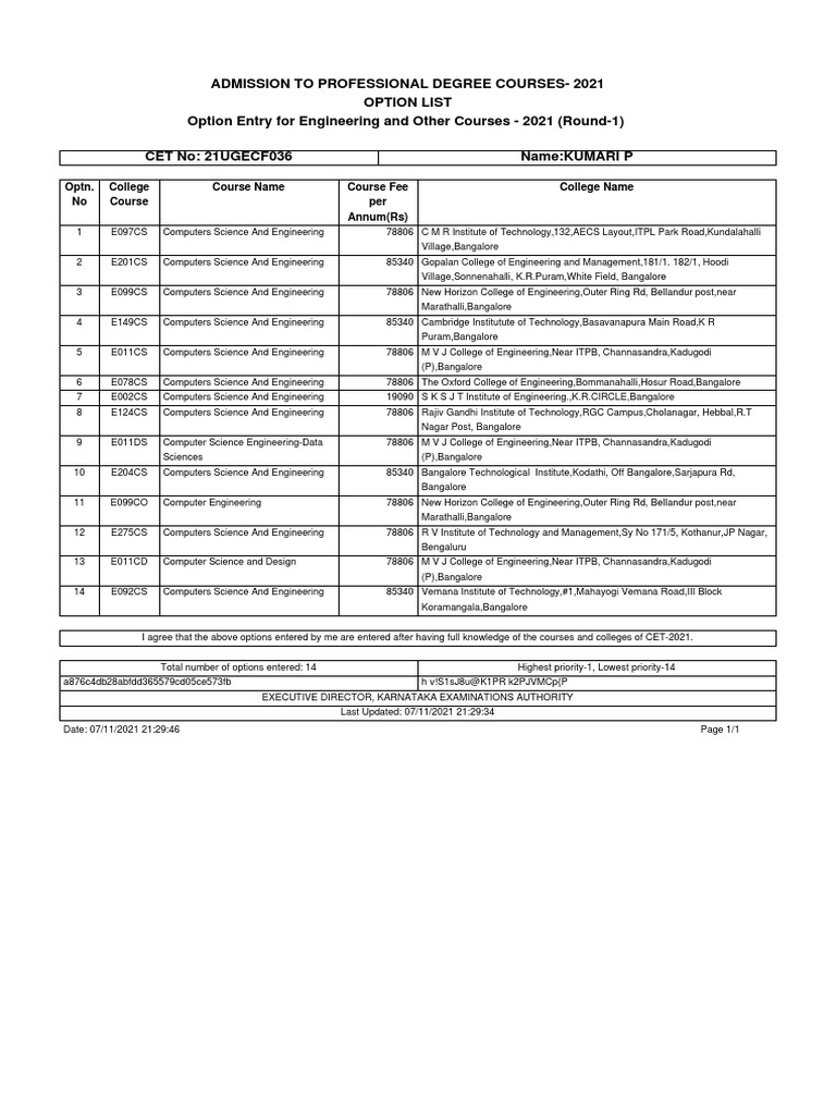 Round 1 Final CLG List Kcet Kummu | PDF | Bangalore | Science