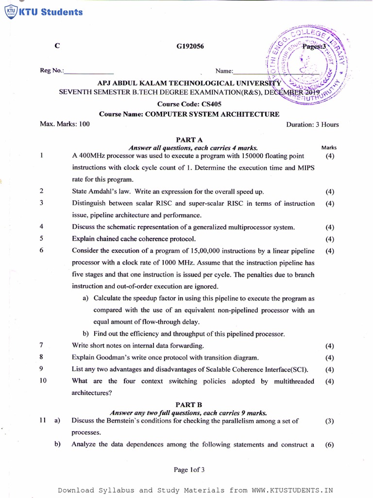 CS405 Computer System Architecture, December 2019 | PDF | Central Processing Unit | Parallel ...