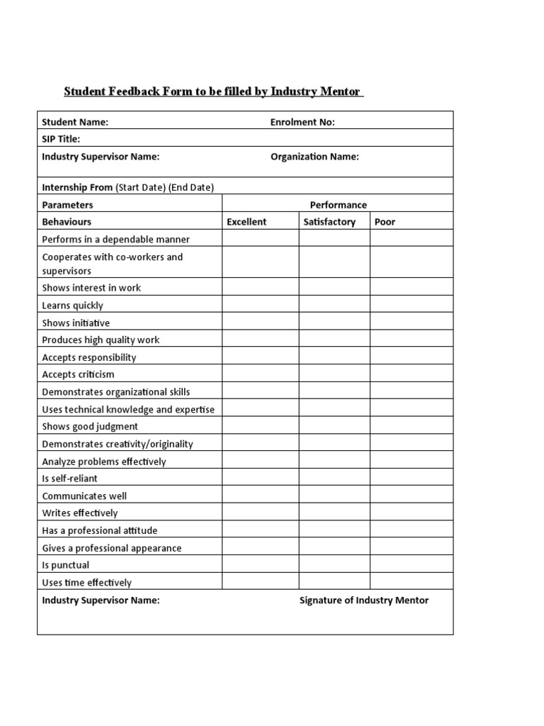 Student Feedback Form To Be Filled by Industry Mentor | PDF