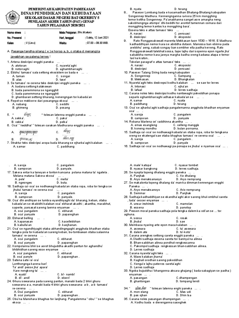 Soal Pat Bhs. Madura Kelas V | PDF