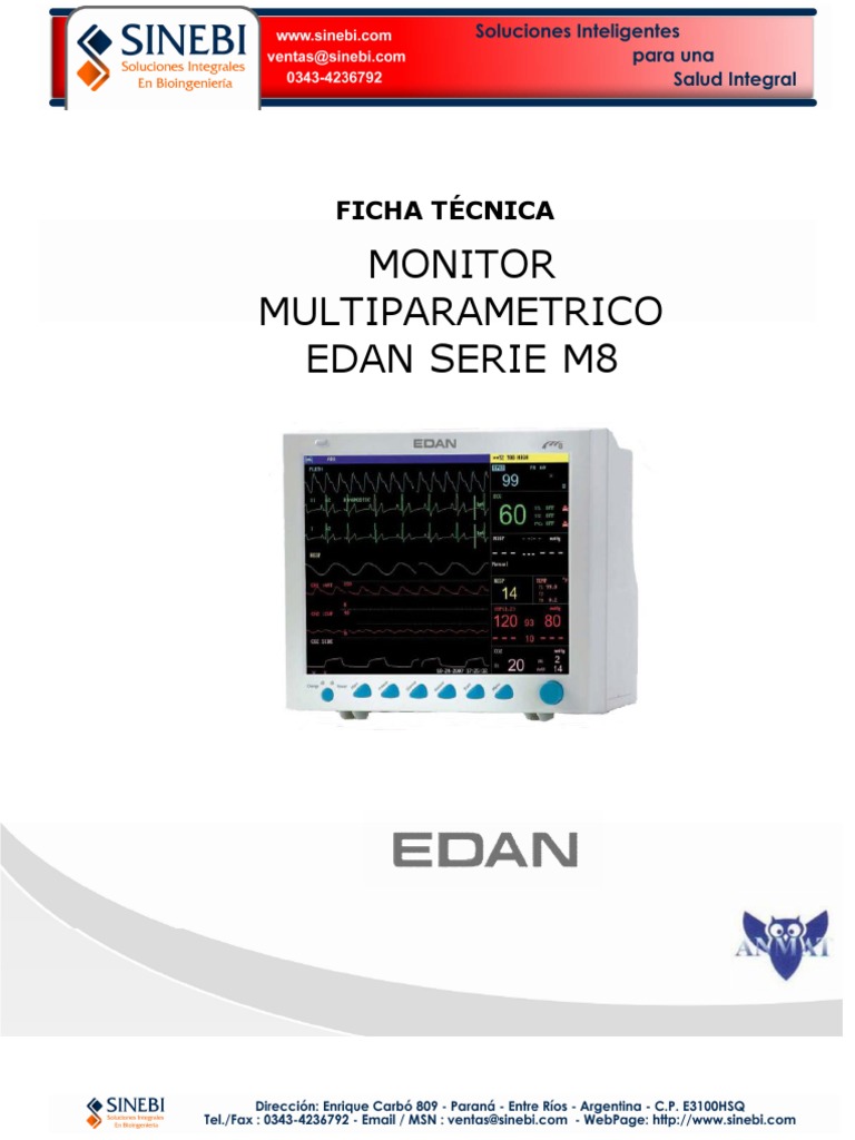 Ficha técnica del monitor multiparamétrico EDAN Serie M8 | PDF | Electrocardiografia ...