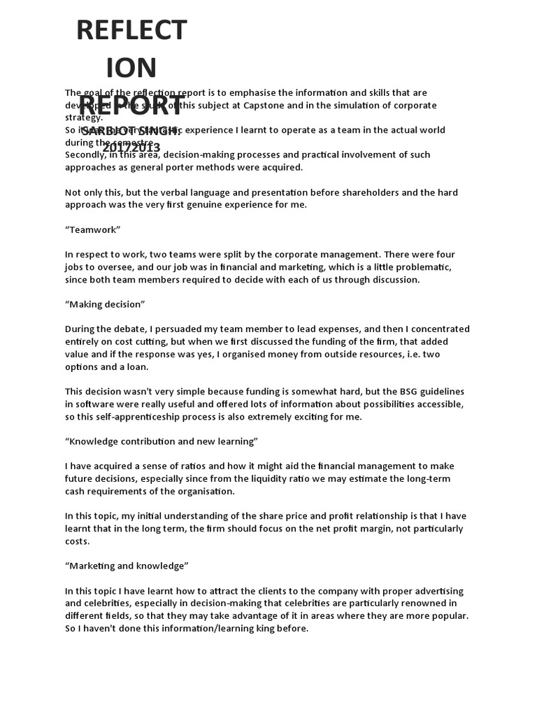 Reflection Report Sarbjhot Singh | PDF | Marketing | Learning