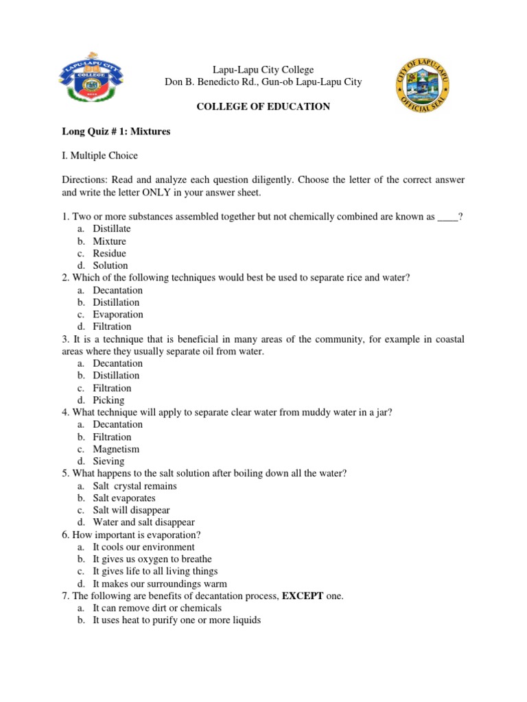 College of Education Long Quiz # 1: Mixtures | PDF | Mixture | Solution