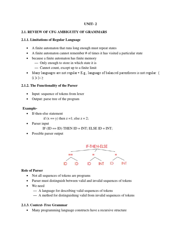 Unit-2 2.1. Review of CFG Ambiguity of Grammars 2.1.1. Limitations of Regular Language | PDF ...