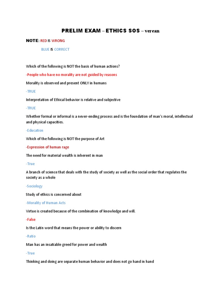 Prelim Exam - Ethics Sos - Verean: RED Wrong | PDF | Morality | Science