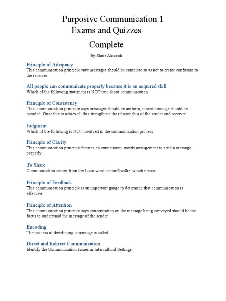 Purposive Communication 1 Exams and Quizzes Complete: Principle of ...