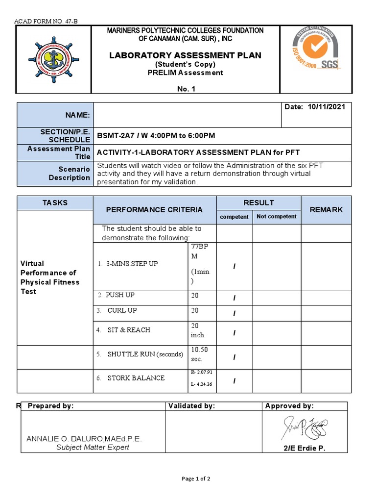 Laboratory Assessment Plan: Acad Form No. 47-B | PDF | Cognition