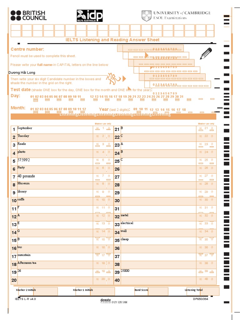 Answer Sheet Listening | Download Free PDF | International English ...