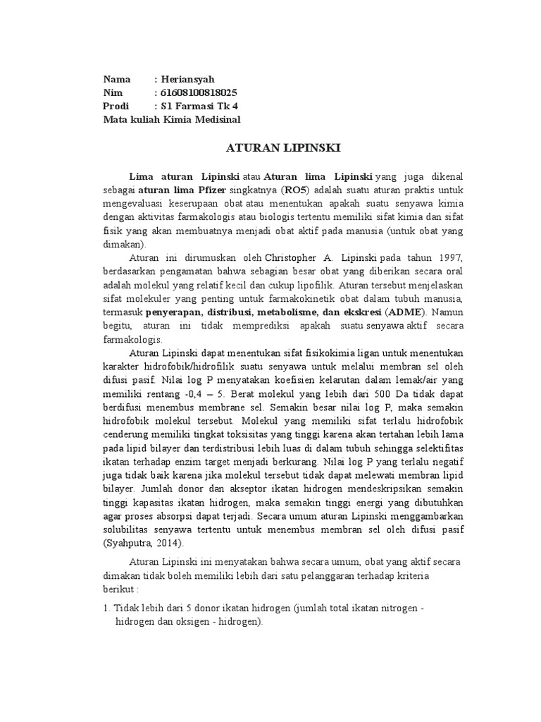 24.Heriansyah.61608100818025.Farmasi Tk4.aturan Lipinski | PDF