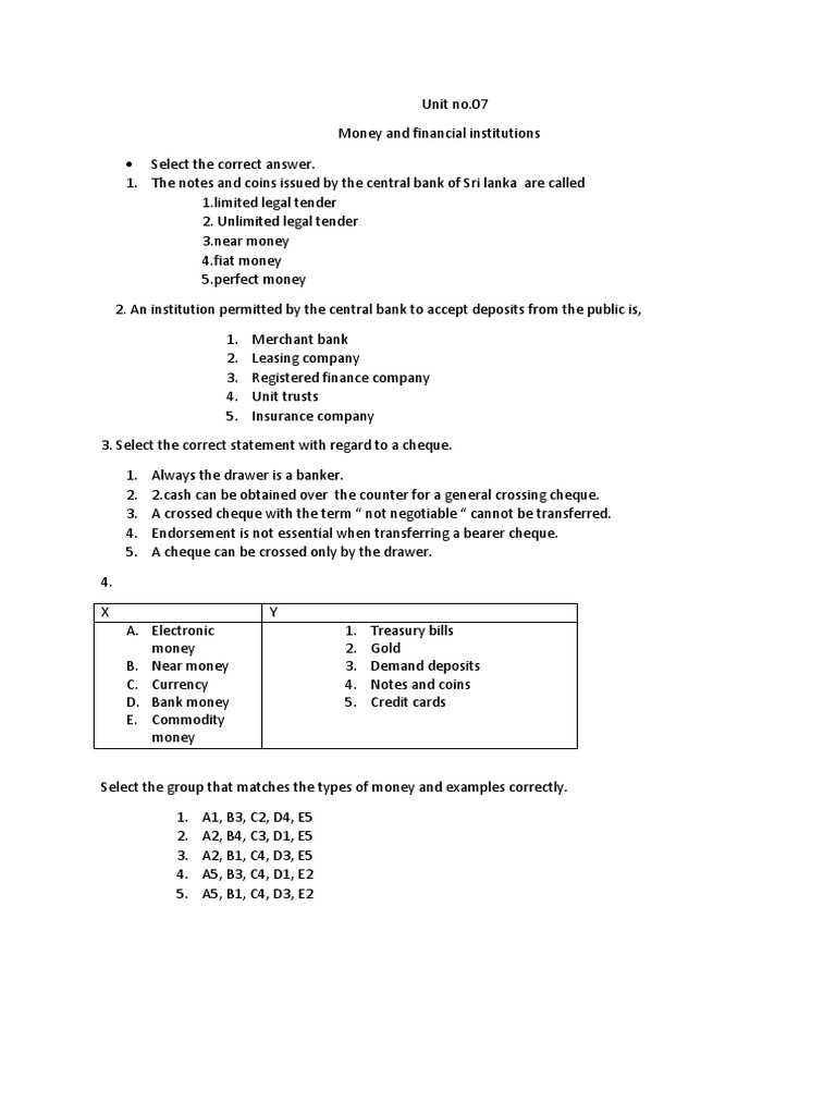 Money... Unit Test | PDF | Banks | Cheque