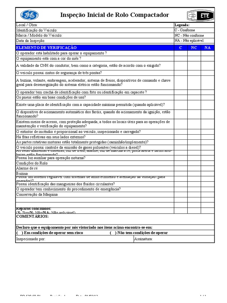 Check List Inicial de Rolo Compactador | PDF | Veículos | Veículo ...