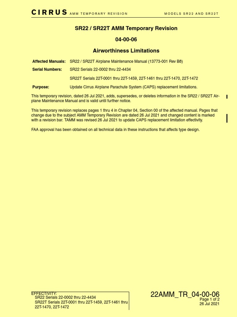 Cirrus SR22/SR22T AMM Revision on CAPS | PDF | Federal Aviation ...