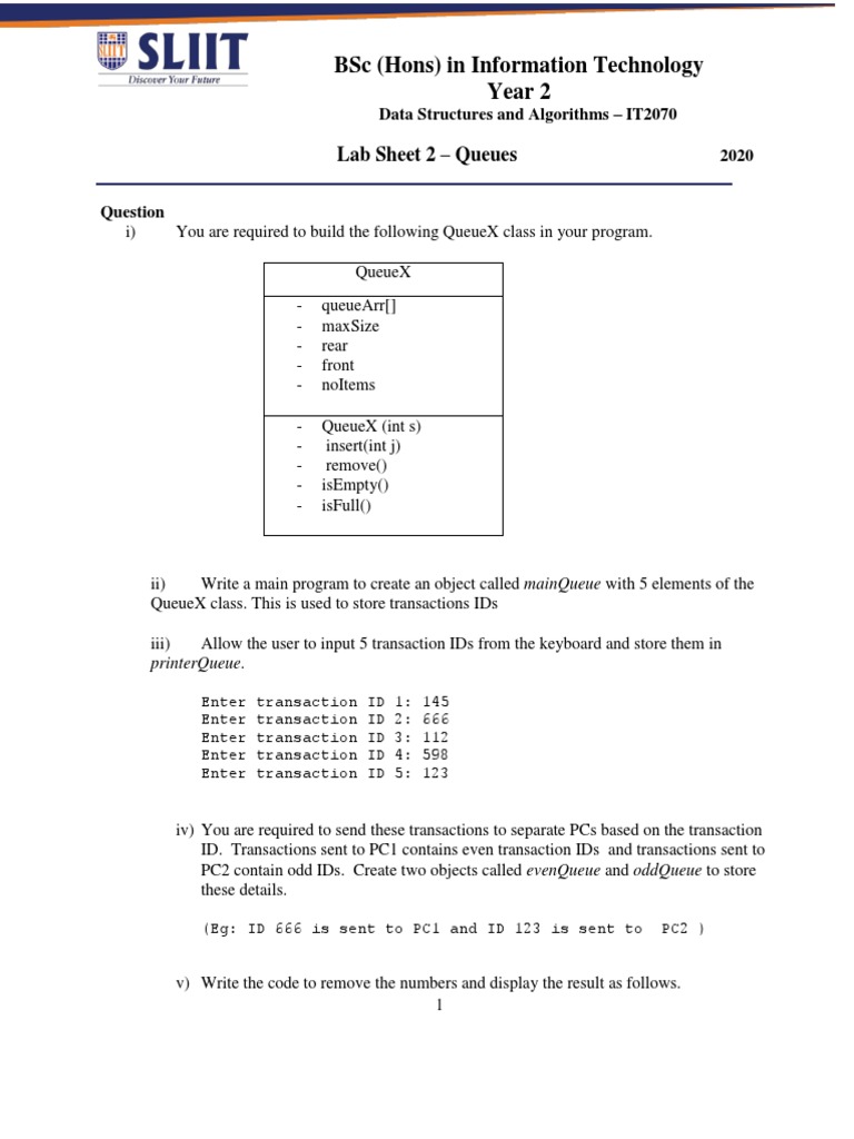 BSC (Hons) in Information Technology Year 2: Lab Sheet 2 - Queues | PDF