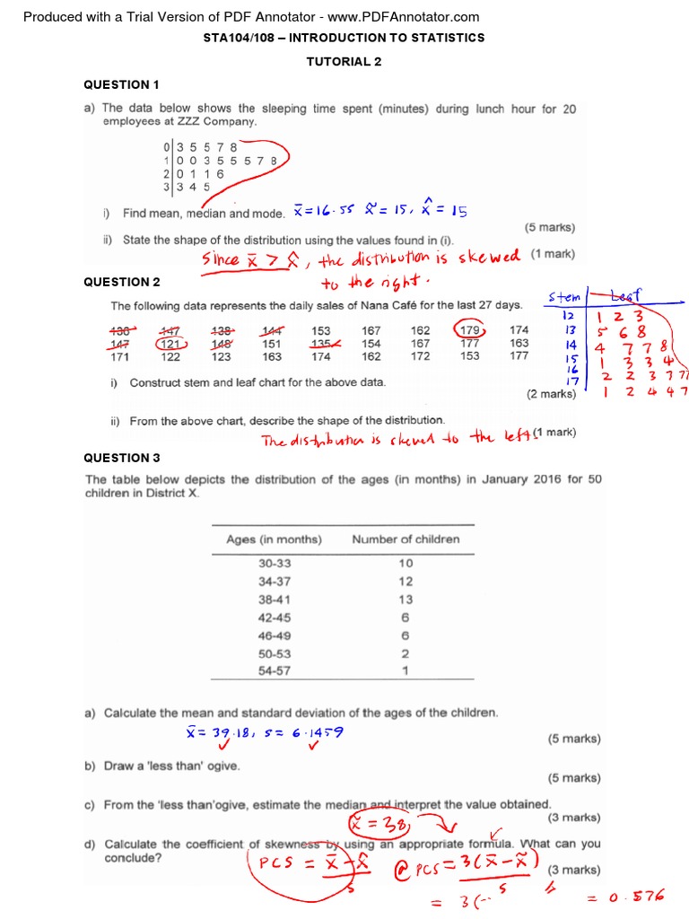 STA108 - Tutorial 2 (With Answers) | PDF | Mode (Statistics) | Mean