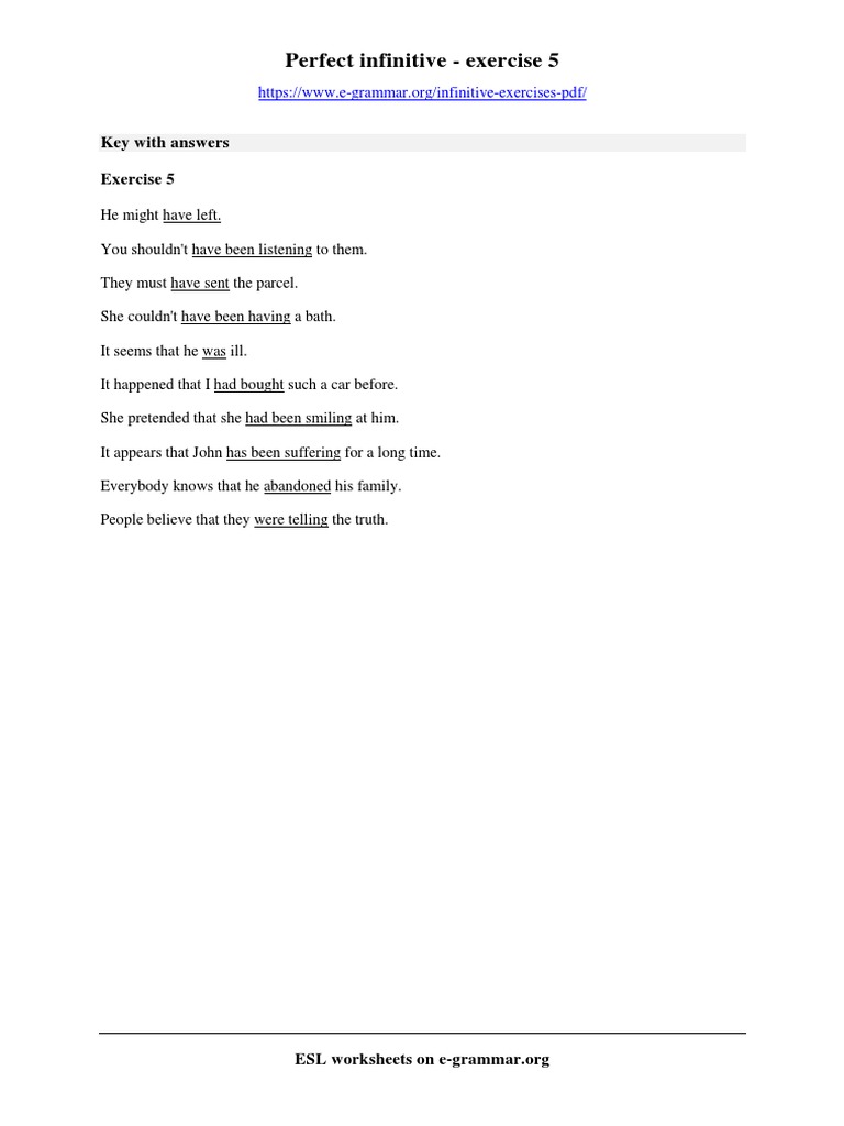Perfect Infinitive - Exercise 5: Key With Answers Exercise 5 | PDF