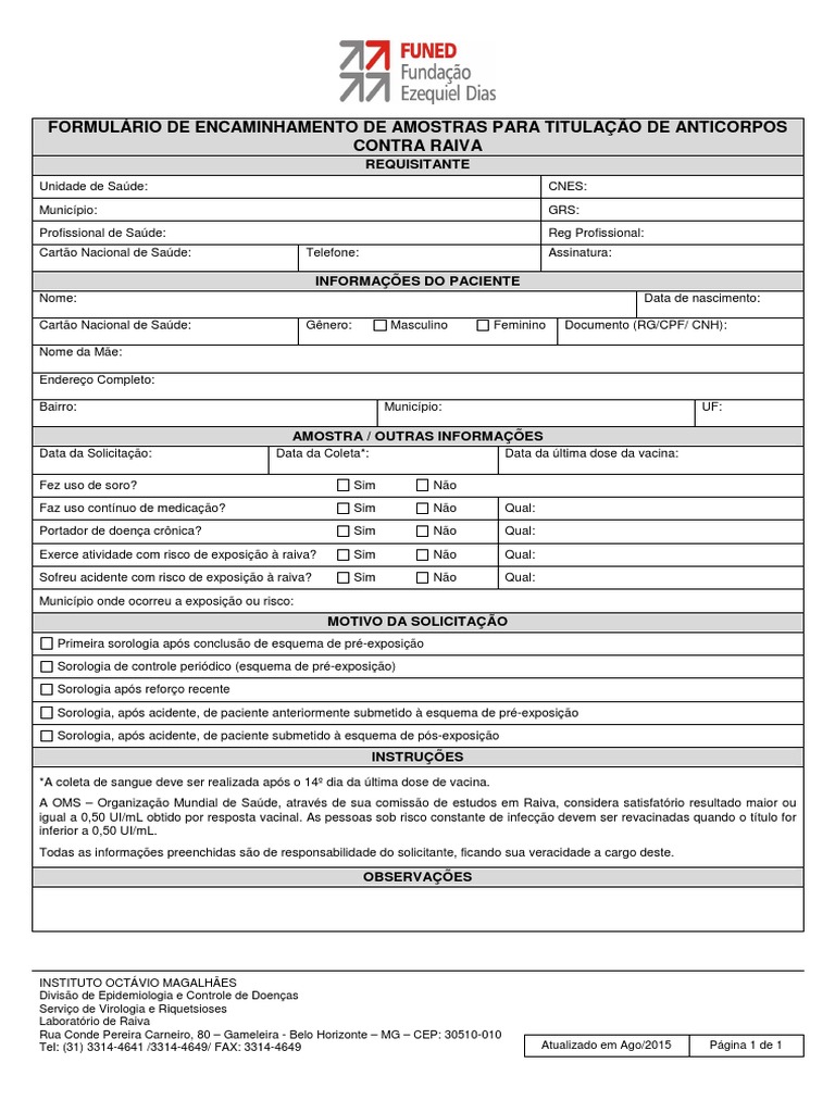 Ficha Encaminhamento Titulacao Anticorpos Raiva | PDF | Raiva | Vacinas