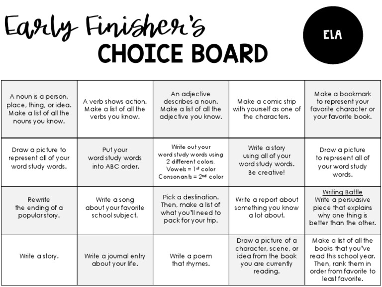 Early Finishers Choice Board | PDF | Word | Noun