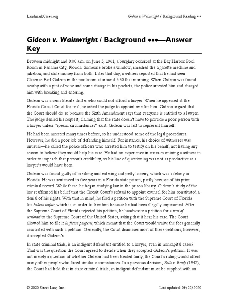Gideon v. Wainwright: / Background - Answer Key | PDF | Sixth Amendment ...