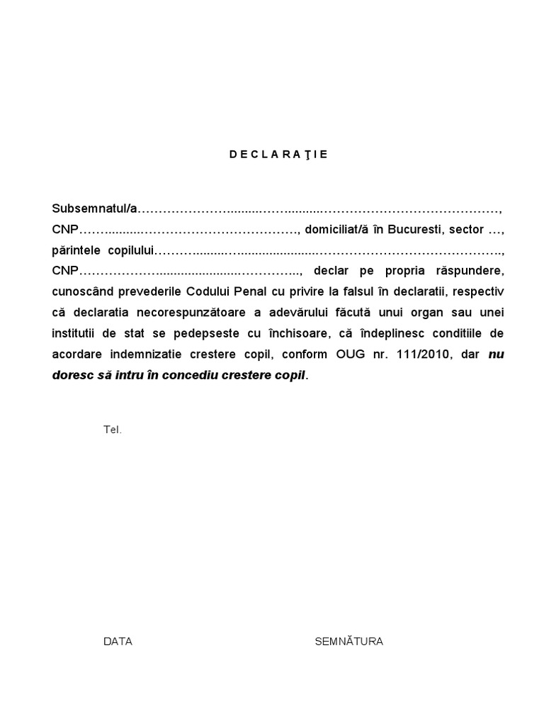 Declaratie Celalalt Parinte NU DORESTE | PDF